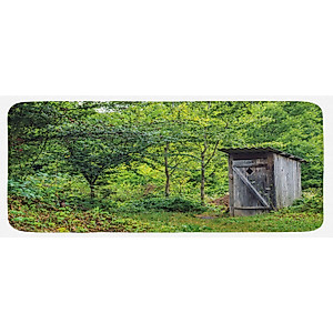 Ambesonne Outhouse Kitchen Mat, Old Cottage Outhouse in a Spring Mountian Forest Woods Image, Plush Decorative Kitchen Mat with Non Slip Backing, 47" X 19", Green Brown