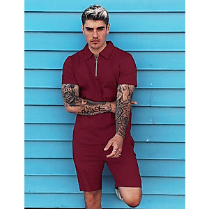 URRU Men's Classic Short Sleeve Polo Shirt Sets Zipper Casual Slim Fit Cotton Tracksuit Wine Red M