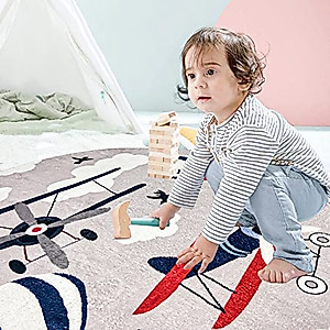 Round Rug 3.3ft, Large Cute Super Soft Aircraft Hot Air Balloon Carpet for Kids Room Playroom Nursery Bedroom Living Room, Non Slip Washable Circular Floor Mat Area Rug for Home Decorative (Grey)