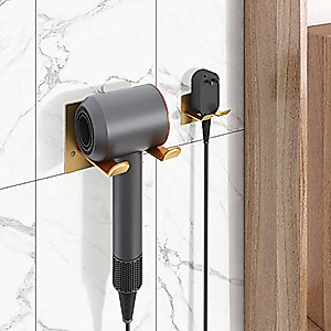 XIGOO Adhesive Hair Dryer Holder - Stick on Wall or Wall Mount Bathroom Hair Blow Dryer Rack Organizer Compatible with Dyson Supersonic Hair Dryers (Gold)
