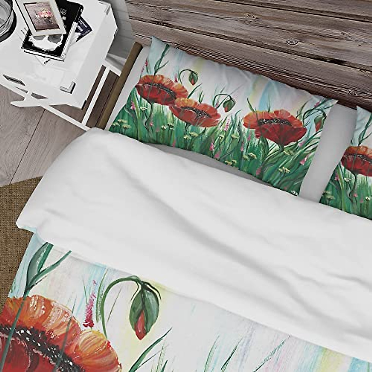 DESIGN ART Designart 'Red Bright Poppy Flowers On A Green Meadow' Traditional Duvet Cover Comforter Set Full/Queen Cover + Comforter + 2 Shams 4 Piece