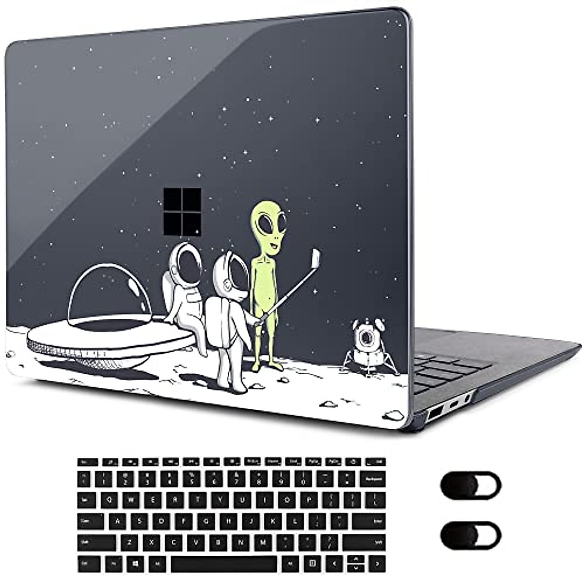 MEEgoodo Case for 13.5" Microsoft Surface Laptop 5/4/3 with Alcantara Palm Rest for Model 1950/1769/1867/1958, Clear Laptop Hard Shell Cases with Keyboard & Webcam Cover, Astronauts & Alien