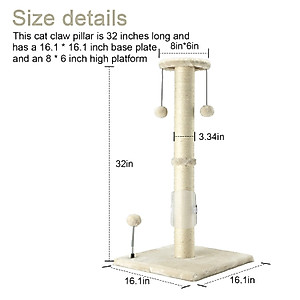 PEEKAB 32" Tall Cat Scratching Post Sisal Rope Scratch Posts with Hanging Ball and Self-Massage Brush Vertical Scratcher for Indoor Cats and Kittens(Beige 32inches)