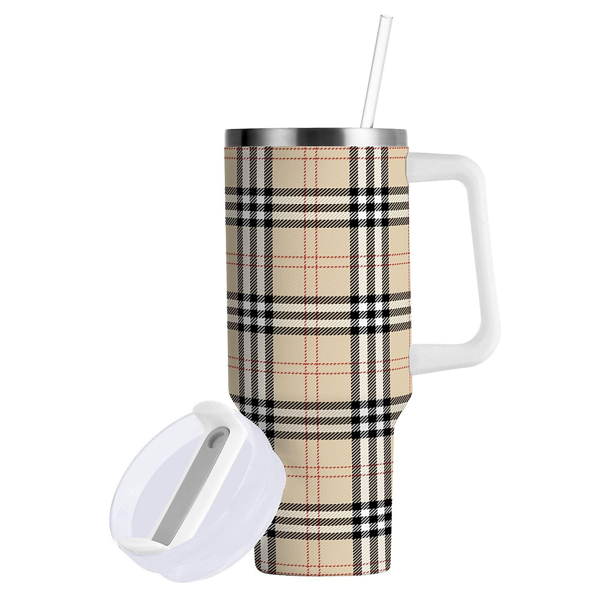 Tartan Plaid Khaki Black 40 oz Tumbler with Handle and Straw Lid, Insulated Coffee Cup Reusable Stainless Steel Water Bottle Travel Mug Cupholder Friendly,Gifts for Women Men
