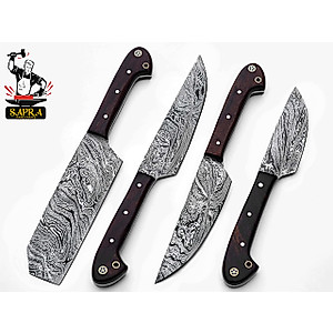 Sapra Hand Forged Custom Made Damascus Steel 4 Pcs Outdoor BBQ Professional Utility knives chef knife set for kitchen with Handmade Leather Roll Bag P-2090-R-KCS
