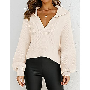 ZESICA Women's 2023 Fall Lapel Collar V Neck Long Sleeve Ribbed Knit Comfy Loose Casual Pullover Sweater Jumper Top,Beige,Medium