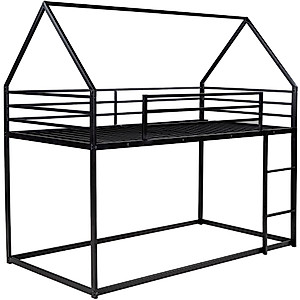 TABBC Twin Over Twin Low Bunk Bed, HouseBed with Ladder, Wood Floor Bedframe for Bedroom, Home, Apartment, Kids, Guest Room