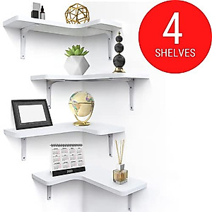Géneric Set of 4 White Corner Shelves - Corner Floating Shelves - Corner Shelf Wall Mount - Hanging Corner Shelf for Living Room Kitchen Bathroom Bedroom