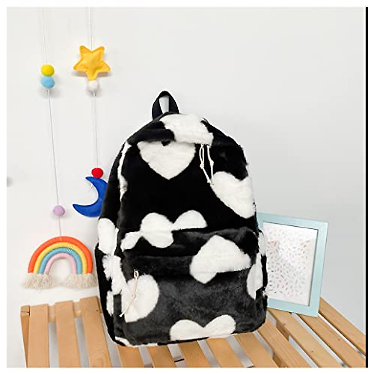 Plush Backpack Y2K Black Love Hearts Kawaii Love Heart Backpack Cute Aesthetic Backpack for School Teen Girls (Black)