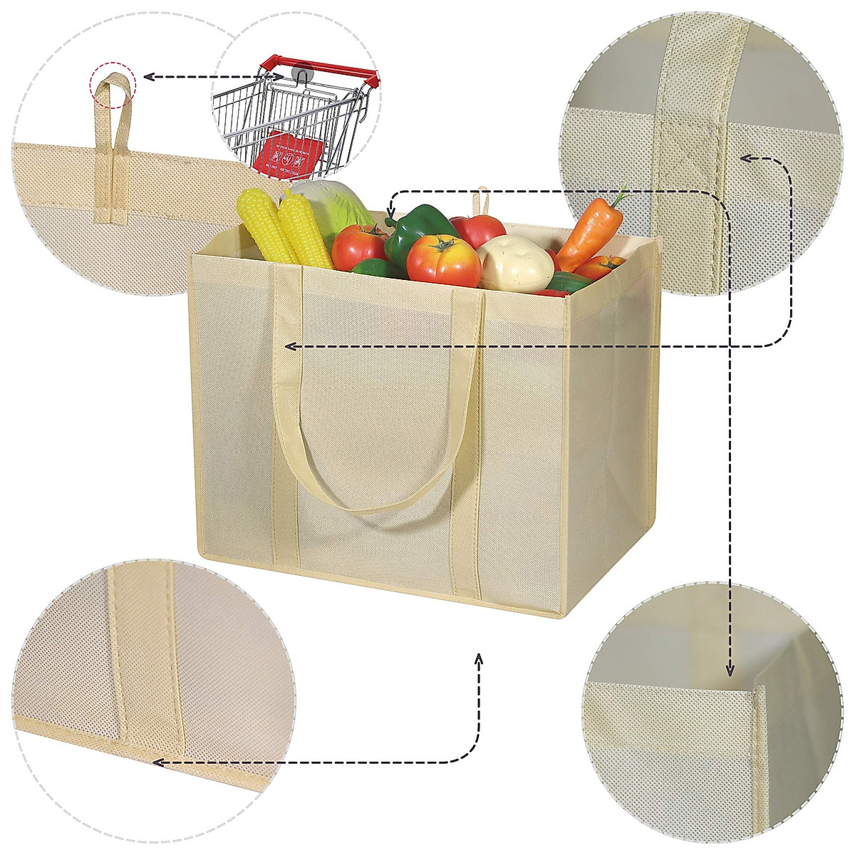 DIOMMELL 10 Pack Reusable Grocery Bags Extra Large Super Strong Heavy Duty Shopping Tote Bags with Reinforced Handles, Beige