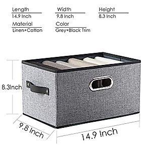 PRANDOM Large Foldable Storage Bins for Shelves [3-Pack] Decorative Linen Fabric Storage Baskets Cubes with Leather/Metal Handles for Closet Nursery Office Grey and Black Trim (14.9x9.8x8.3 Inch)