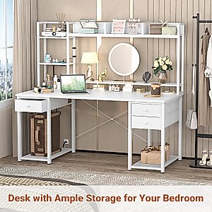 Aheaplus Desk with LED and Outlets, Gaming Desk with Hutch, 55.2'' Computer Desk with Drawers, Reversible Office Desk with Storage Bookshelf Large Workstation Desk with Shelf, Desk for Home, White