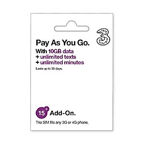 Three 10GB Data Pay As You Go SIM