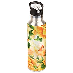 Yellow Rose Water Bottle Watercolor Reusable Leak-Proof Insulated Water Bottle BPA Free Stainless Steel Sport Water Bottle with Straw for Fitness Outdoor Hiking School 600ml