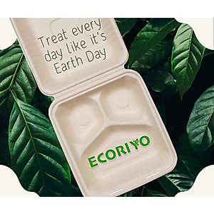 ECORIYO 3 Compartment To Go Containers with Lids – 100-Pack of Take Out Boxes, Disposable Food Containers, Sugarcanes Biodegradable Togo Plates - Paper Clamshell Box for Lunch, Cake, Dessert