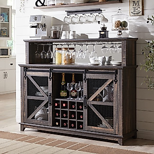 OKD Farmhouse Coffee Bar Cabinet with LED Lights, 55" Wine Bar Cabinet w/Sliding Barn Door & Wine and Glass Rack, Kitchen Buffet Cabinet w/Storage Shelves for Dining Room,Dark Rustic Oak