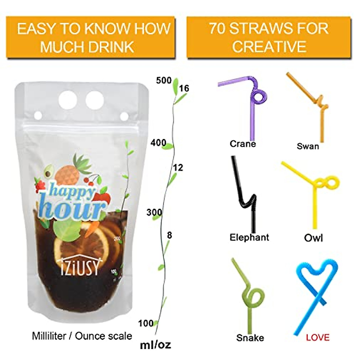 100 Pcs Zipper Plastic Pouches Drink Bags, Heavy Duty Hand-Held Translucent Frosted Reclosable Stand-up Bag 2.4" Bottom Gusset with 100 pcs Straws & Funnel Included