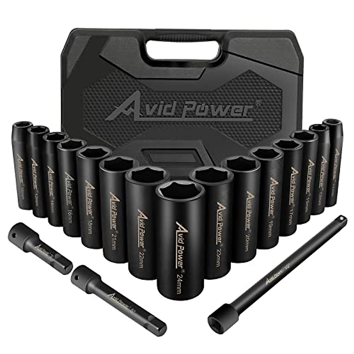 AVID POWER 18pcs 1/2-inch Drive Impact Socket Set, 10-24mm Metric Sizes Sockets and 3'' 5'' 10'' Extension Bar, 6 Point, Cr-V Steel Socket Set
