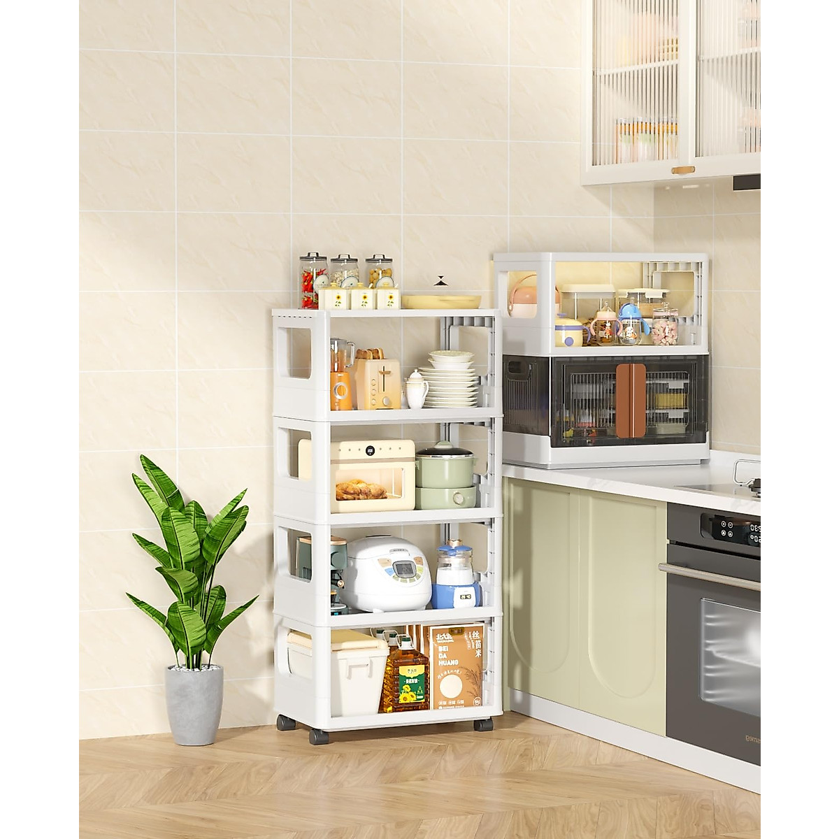 Rolling Storage Cart with Wheels - 5 Tier Multifunctional Utility Cart, Laundry Room Organization, Plastic Bathroom Storage Shelf, Mobile Shelving Units for Kitchen Living Room Study Dresser, White