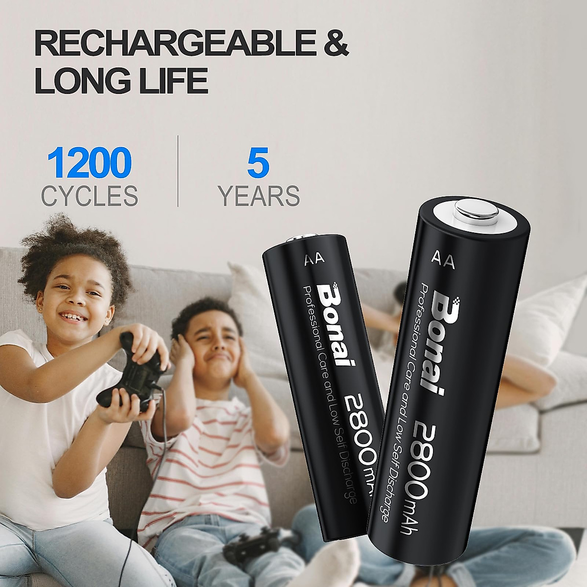 BONAI AA Rechargeable Batteries 2800mAh 1.2V Ni-MH Low Self Discharge (Pack of 8)