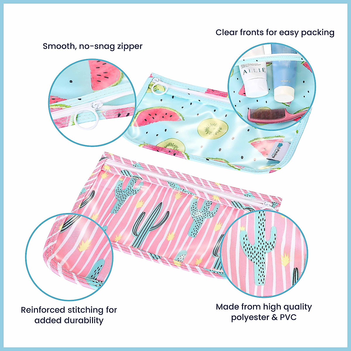 EzPacking Clear Zipper Pouches (Set of 2) / Transparent Reusable PVC Organizers for Women’s Purse or Tote Bag/Cute Slim Flat Japanese Style Watermelon Cactus Pencil Pouch for Travel (Watermelon)