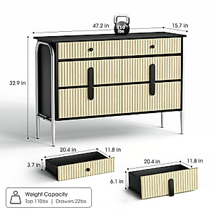 Jiansu furni 6 Drawer Dresser,Modern Dresser with Storage,Chest of Drawers with Wooden Handle,Fluted Dresser TV Stand,Metal Leg Design,Wood Drawer Organizer for Bedroom,Living Room (Black+Oak)