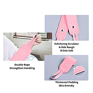 Exfoliating Body Scrubber Shower Set - 3PCs, Back Scrubber, Sponge Pad & Loofah Mesh Bath Pouf, for Men Women Shower Bath, Sensitive, Delicate, Dry Skin. Reusable. (Pink)