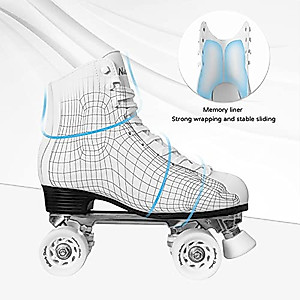 Roller Skates for Women with PU Leather High-top Double Row Rollerskates, Unisex-Adult Indoor Outdoor White Derby Skate Size 6 with Adjustable Fast Braking for Beginner