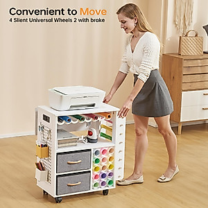 CRAFTEASE Rolling Craft Cart and Storage Table Compatible with Craft Machines Foldable Craft Cabinets w/USB Ports & Outlets Vinyl Roll Holder Craft Accessories Organizer Workstation for Craft Room
