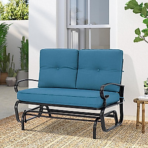 Oakmont Outdoor Glider Rocking Bench 2 Person Patio Loveseat Steel Frame Furniture Set for Patio, Garden, Yard, Porch with Resistant Cushions (Peacock Blue)