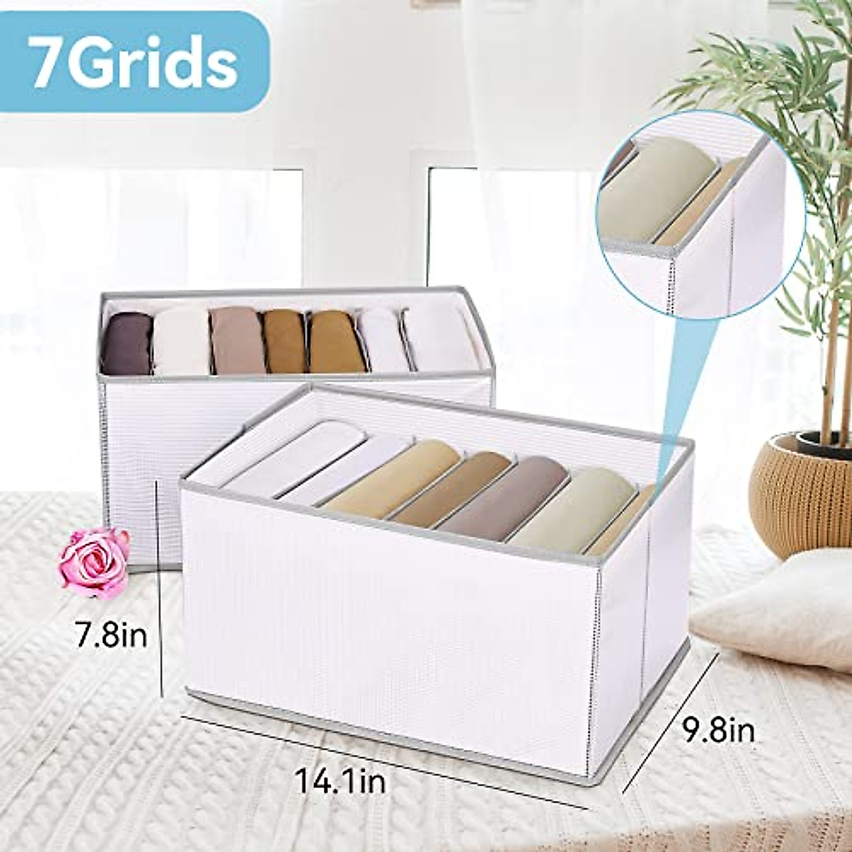 2 Pack Wardrobe Clothes Organizer, 5-7 Grids Clothes Organizer with Support Plates, Foldable Washable Clothes Drawer Organizer and Clothes Organizer for T-Shirts, Bras, Pajamas, Bottoms (7Grids)