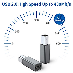 USB C Female to Printer Male Adapter (2-Pack), USB Type C to USB B Convert Connector Support Data Sync Compatible with Brother HP Canon Lexmark Epson Dell Xerox Samsung etc and Piano DAC (Grey)