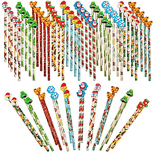 DIYASY Christmas Pencils for Kids Bulk, 50 Pcs Holiday Pencil with Erasers Xmas Wood Pencils Party Favor Supplies Classroom Rewards Prizes Stationery Decorations 10 Styles