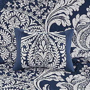 Madison Park Vienna Reversible Cotton Quilt-Luxury Stitching Design All Season, Breathable Coverlet Bedspread Bedding, Shams, Decorative Pillow, King/Cal King, Indigo 6 Piece