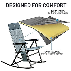 TIMBER RIDGE Padded High Back Folding Rocker Side Pocket Portable Rocking Lawn Chair Foldable for Camping Patio Garden, Supports 300 LBS, Grey