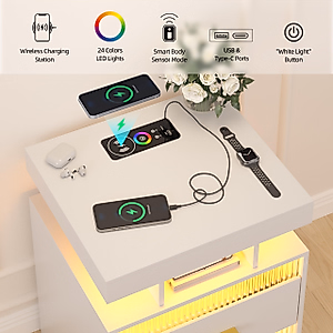 Nightstand with Charging Station, Modern Night Stand with 2 Drawers, Bedside Table with 24 Colors LED Lights and Human Sensor for Bedroom/Livingroom(White)
