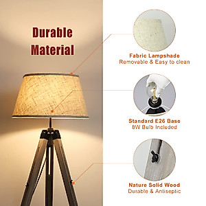 DINGLILIGHTING Led Tripod Floor Lamp Wood Mid Century Modern Reading Lamp,8W Rustic Standing Lamps Farmhouse for Living Room Bedroom Study Room and Office,Flaxen Lamp Shade with E26 Lamp Base