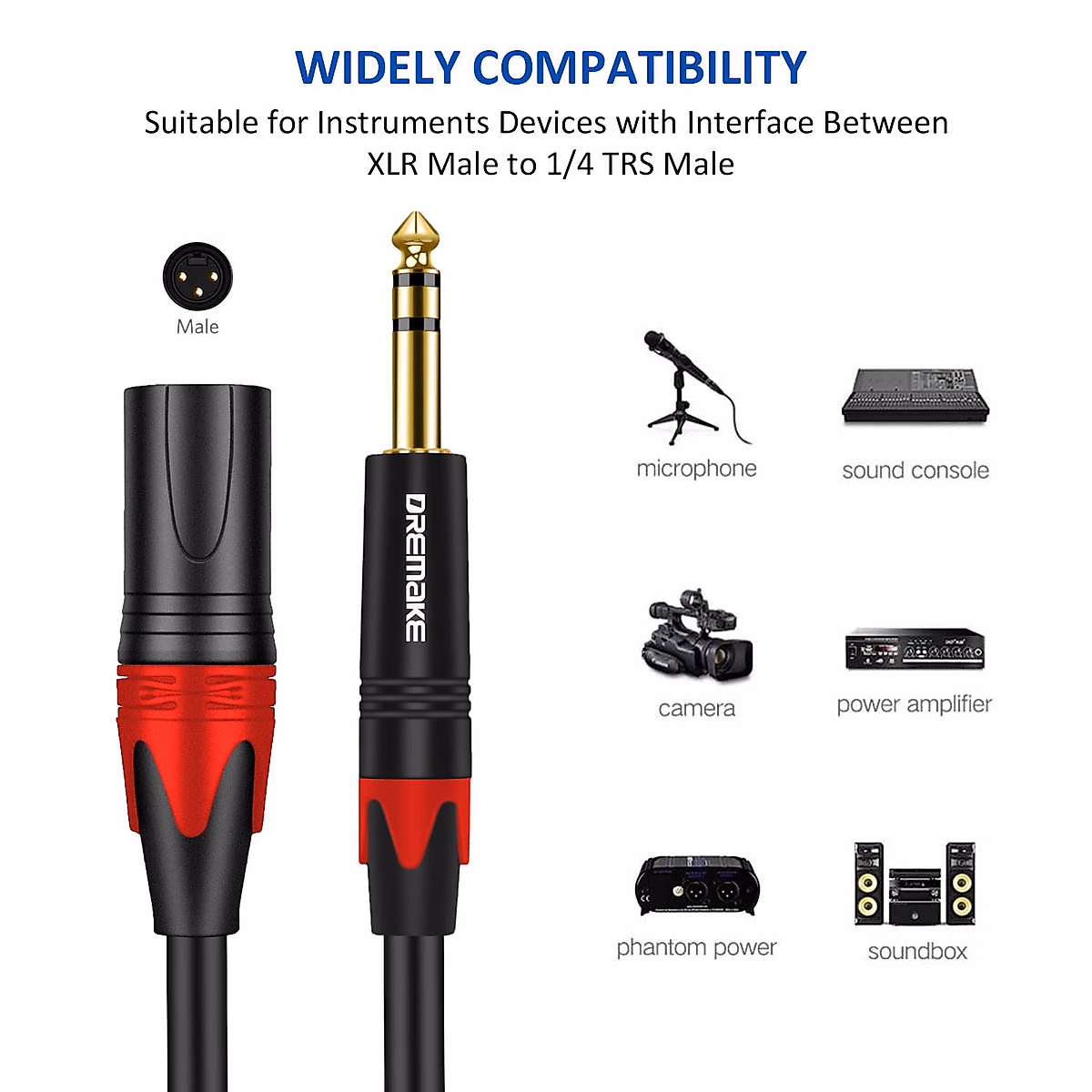 DREMAKE 6.35mm 1/4'' TRS to XLR Male 10FT, 1/4-Inch TRS Male to XLR 3-Pin Male Balanced TRS Cable, TRS 1/4 Inch to XLR Male Audio Stereo Mic Cable for Pro Audio Mixer Microphone XLR to TRS Patch Cord