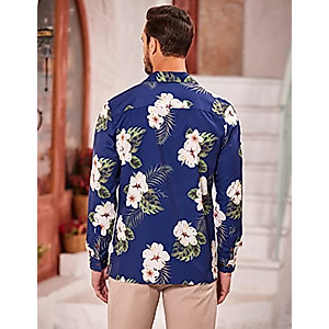 COOFANDY Men Hawaiian Shirts Flower Long Sleeve Beach Shirt Relaxed Fit Tropical Button Up Shirt for Summer Navy Blue XXL