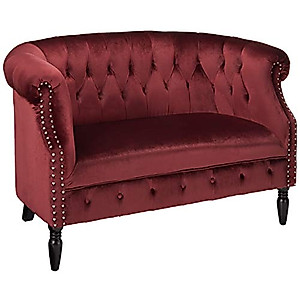 Great Deal Furniture Melaina Tufted Chesterfield Velvet Loveseat with Scrolled Arms, Garnet and Dark Brown