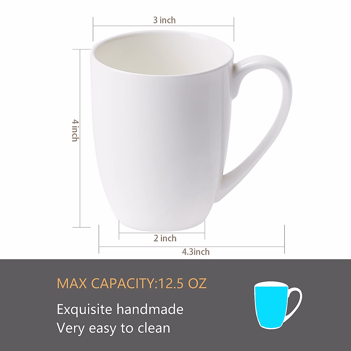 Gang Rinpoche 12 oz Fine Bone China Coffee Mugs, Over 45% Bone Content of Mugs, Durable Porcelain Coffee Mugs Sets, White Ceramic Tea Milk Cups Set of 4, Lightweight Christmas Bright Mugs