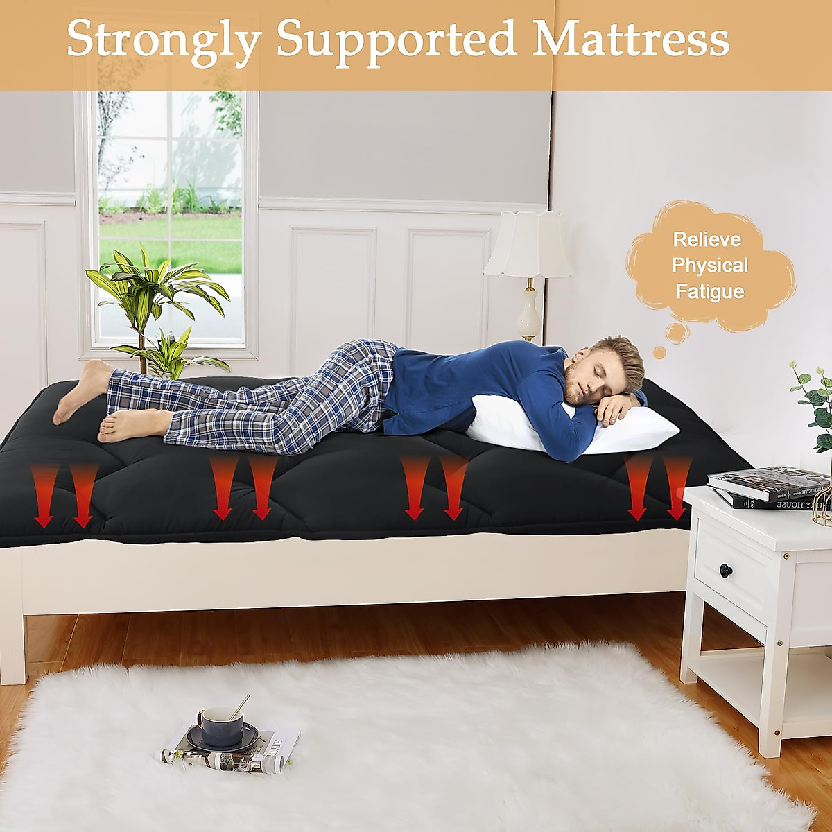 LULUWAY Japanese Futon Mattress, Full Size Foldable Japanese Style Floor Mattress Roll Up, Tatami Mat, Camping Mattress Pad, Black