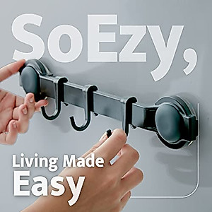SoEzy Drill-Free Hook Rail with 3 Hooks for Kitchen and Bathroom Storage, Utensil Hanger with Suction Cup and Adhesive Disc, Wall Accessories for Hanging Utensils (White)