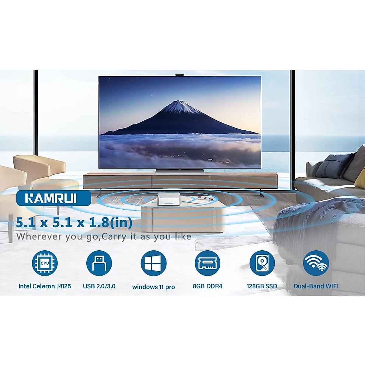 KAMRUI Mini PC Windows 11 Pro, 8GB DDR4 128GB SSD Celeron J4125 Mini Desktop Computer, Support 2.5-inch SSD, 2.4G+5.0G WiFi, 4K HDMI x2, Gigabit Ethernet, BT 4.2, Support Windows 10 Pro Micro PC