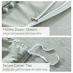 Andency Pom Pom Fringe Duvet Cover Queen Size (90x90 Inch), 3 Pieces (1 Solid Sage Green Duvet Cover, 2 Pillowcases) Soft Washed Microfiber Duvet Cover Set with Zipper Closure, Corner Ties