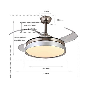 XM Retractable Ceiling Fan with Light and Remote Control Invisible Blades Ceiling Fan Chandelier LED 3 Light Color Change for Bedroom Living Room, 42 Inch