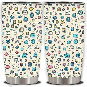 FOCIUZTA 20oz Tumbler with lid, Insulated Cup, Travel Coffee Mug, Ideal for Easter, Gaming Enthusiast, Mother’s Day, Birthday Gifts, Fun Tech Doodle Pattern