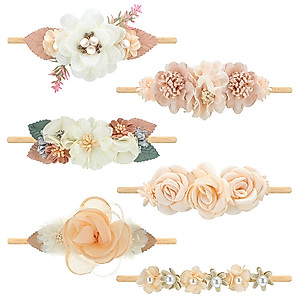 Jutom 6 Pcs Baby Girl Flower Headbands Nylon Floral Crown Elastic Hairband Elastic Baby Headbands Hair Band Handmade Bow for Newborn Photography Prop Infant Toddler Hair Accessories