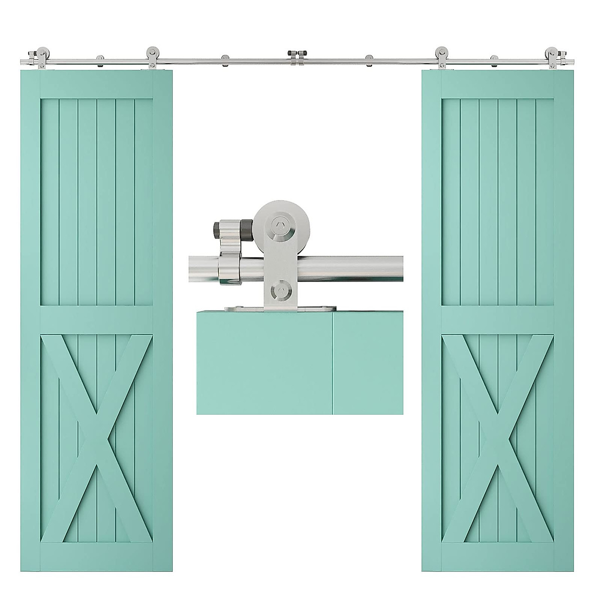 TSMST 10FT Sliding Barn Door Hardware Kit, Top Mount Stainless Steel Heavy Duty Sturdy Barn Door Track for Double Wood Door, Slide Smoothly Quietly (T Style)