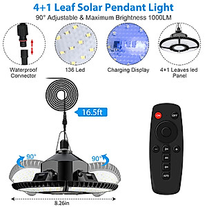 Webcem Solar Shed Light Outdoor Indoor, 136LED 1000LM Solar Pendant Light with Remote Control, IP65 Waterproof, 4+1 Leaves 90°Adjustable Solar Powered Shed Light for Yard Garage Gazebo Porch